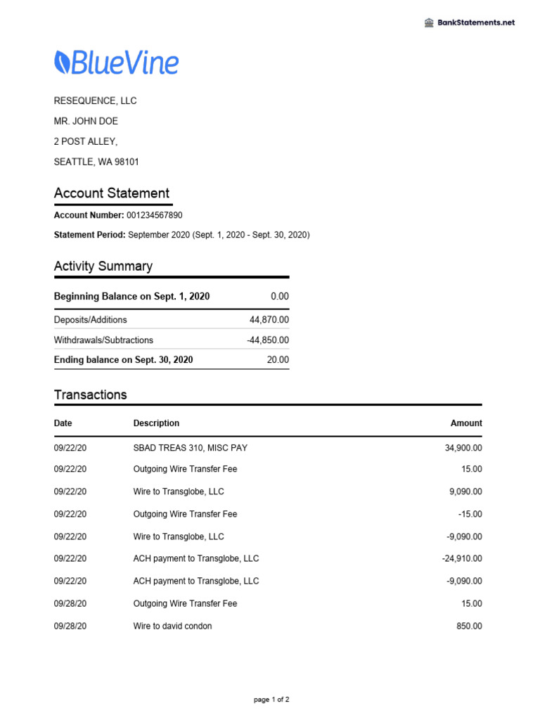 Bluevine Bank Statement BankStatements Net | PDF | Finance & Money Management