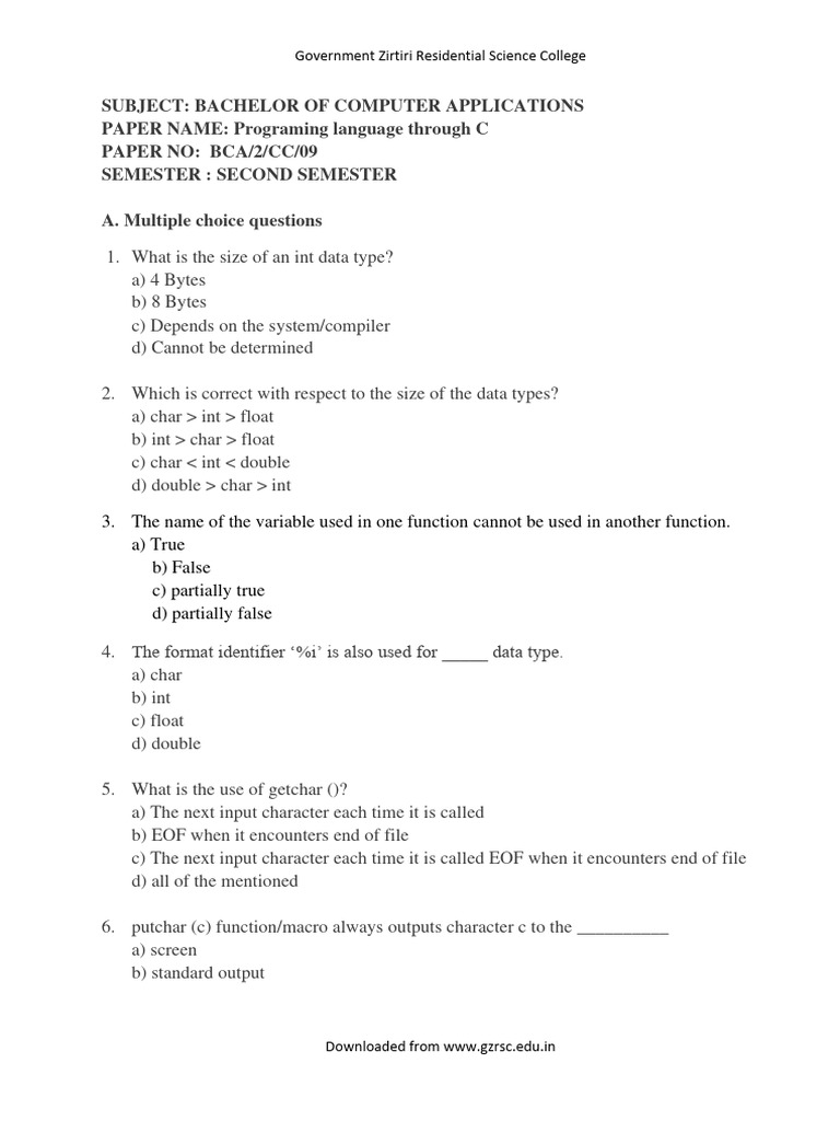 2020 Bca 2 Sem Programming Language Pdf Pointer Computer Programming Parameter 9334
