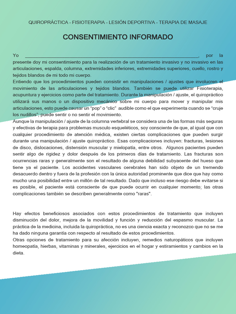 Consentimiento Informado Quiropractica | Descargar gratis PDF | Quiropráctica | Terapia física