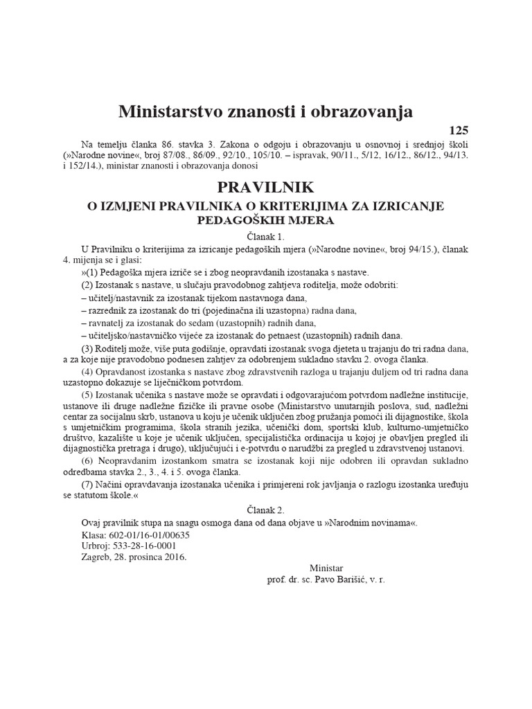 Pravilnik o Izmjeni Pravilnika o Pedagoškim Mjerama | PDF