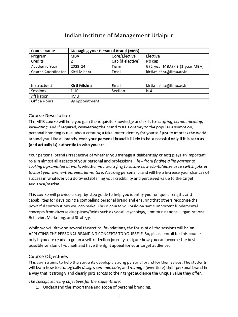Personal Branding Course at IIM Udaipur | PDF | Strategic Management ...