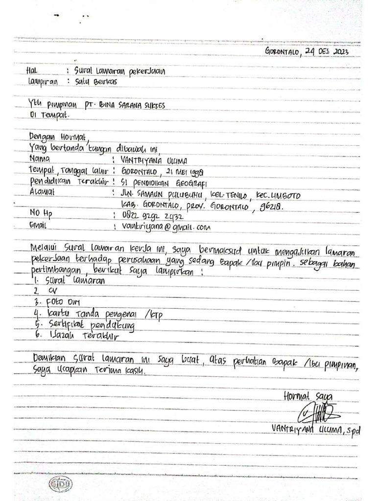 Surat Lamaran PT. BSS - 1 | PDF
