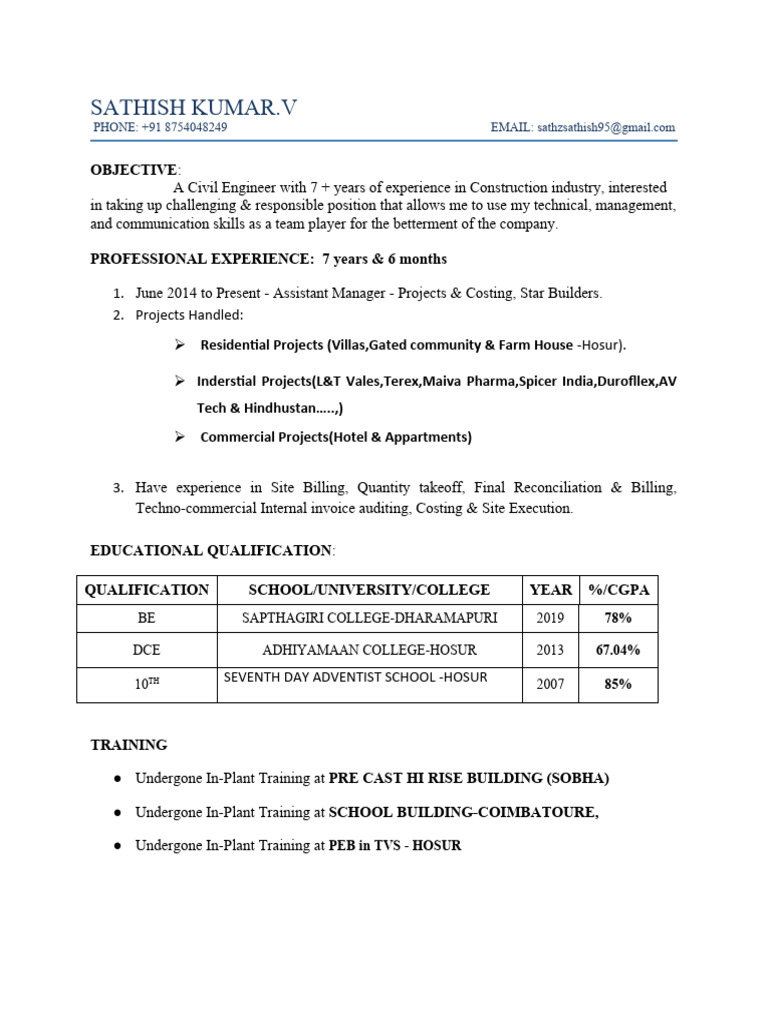 Sathish Kumar Resume Model 2023 | PDF