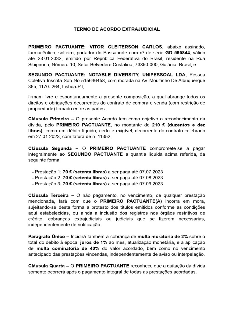 Termo de Acordo Extrajudicial - Vitor Cleiterson Carlos | PDF