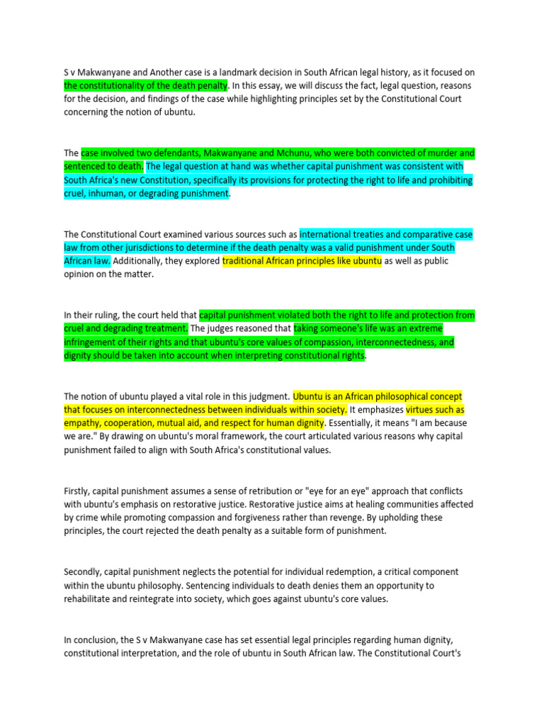 S V Makwanyane Lessons Notes | PDF