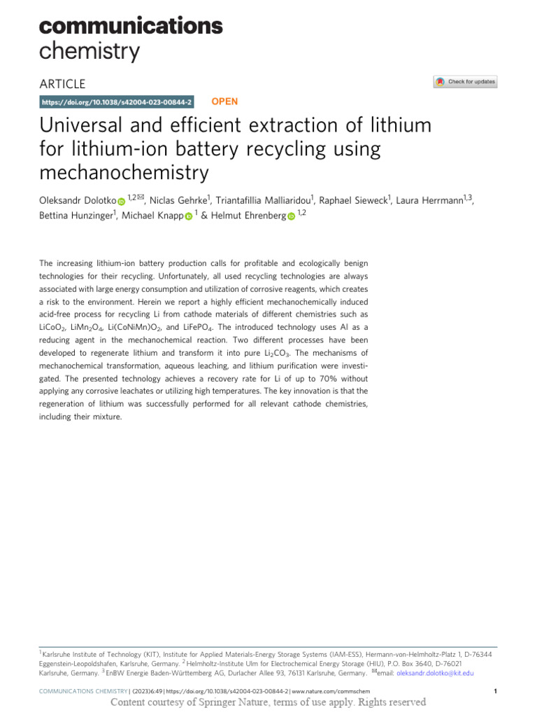 Universal and Efficient Extraction of Lithium | PDF | Lithium Ion Battery | Lithium