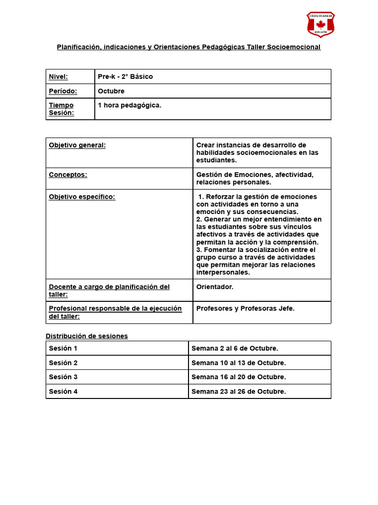 (Pre-K - 2° Básico Octubre) Socioemocional Planificación | PDF | Las ...