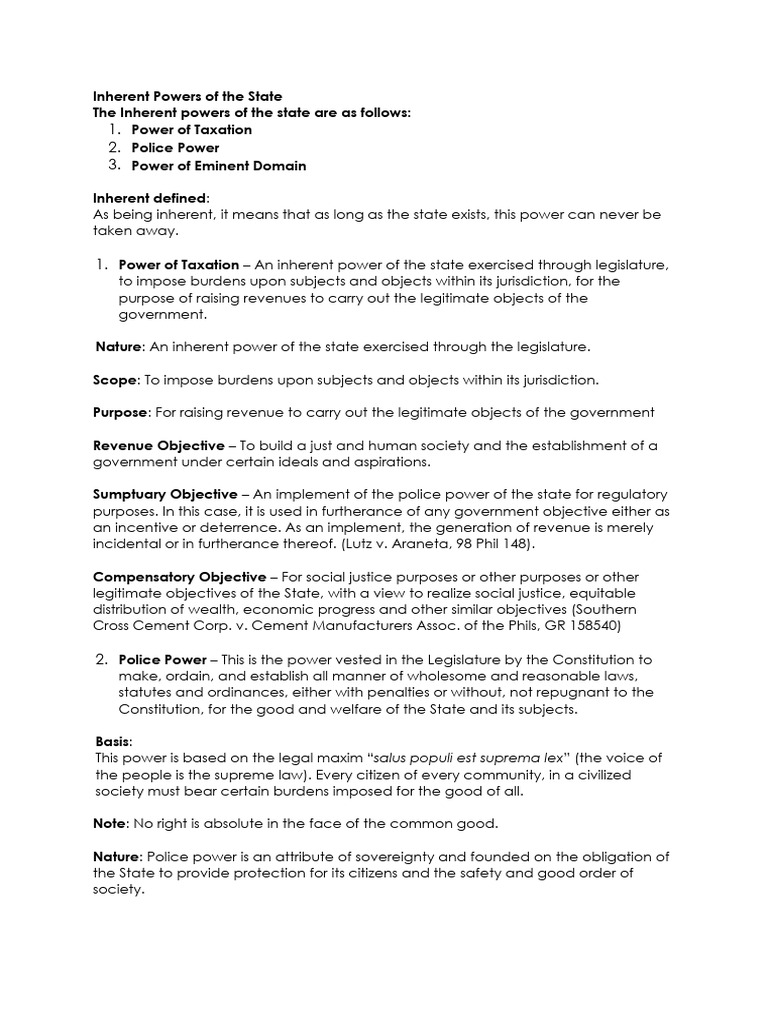 Inherent Powers of The State | PDF | Property | Police Power (United ...