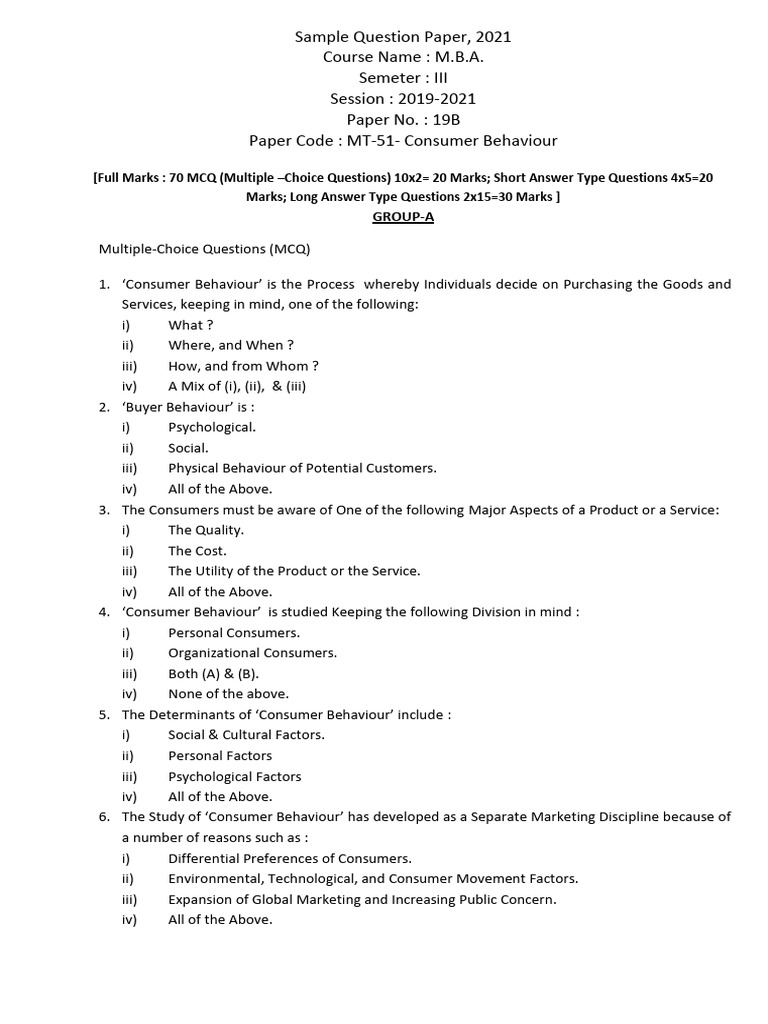 MBA Questions Paper 19 Sample Questions Paper | PDF | Consumer Behaviour | Behavior