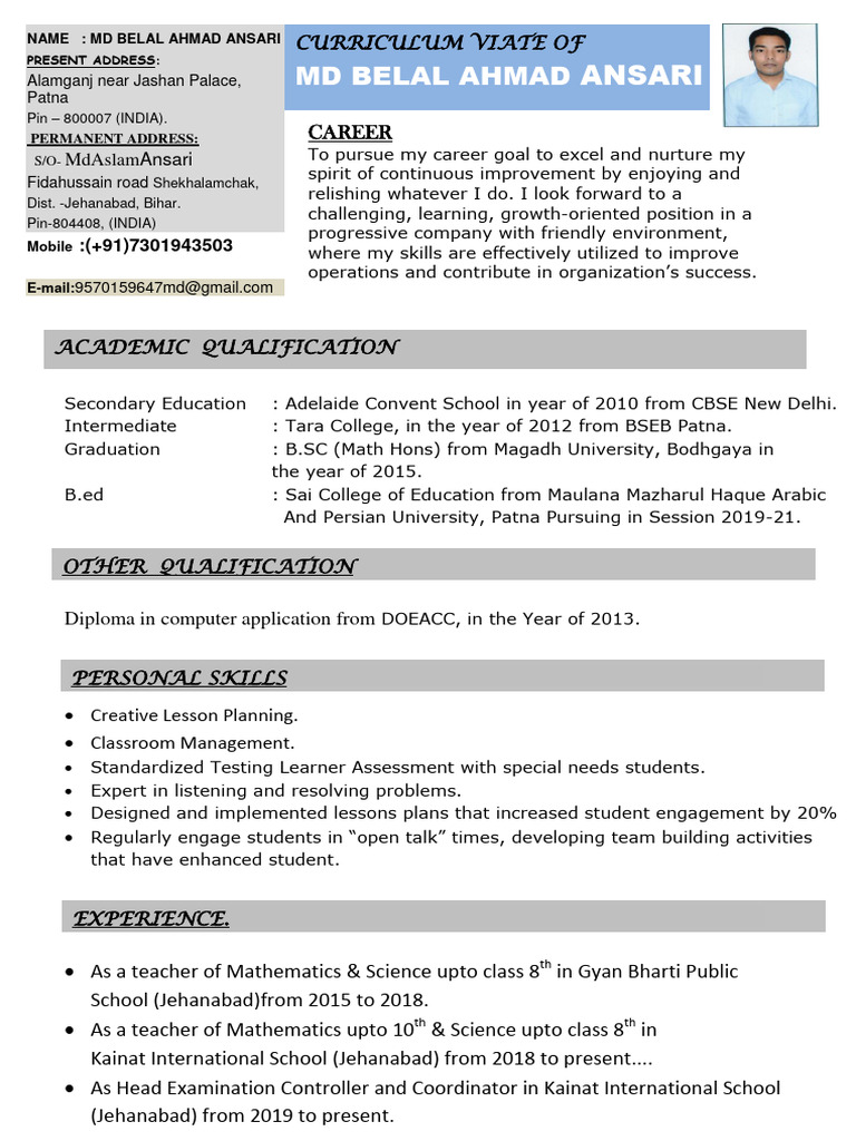 MD Belal Ahmad Ansari CV | PDF | Learning | Behavior Modification