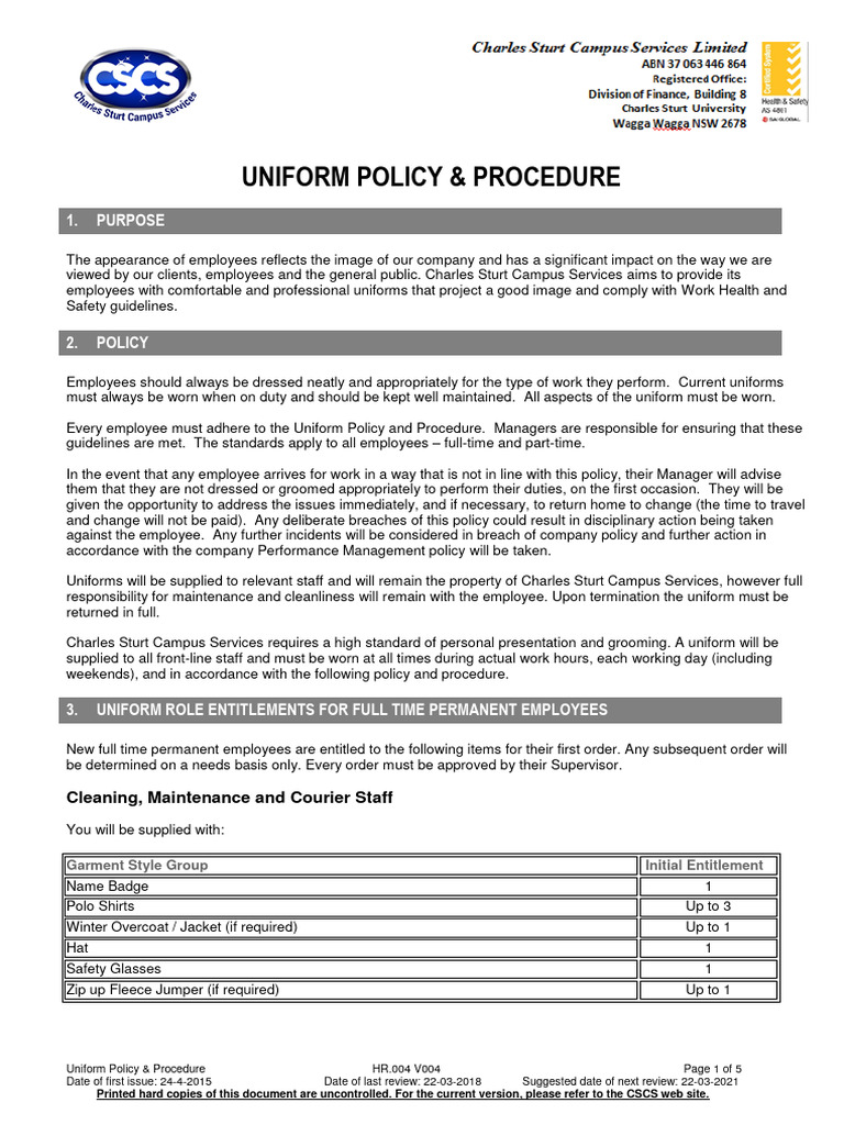 Uniform Policy and Procedures HR004 V005 | PDF | Clothing | Employment