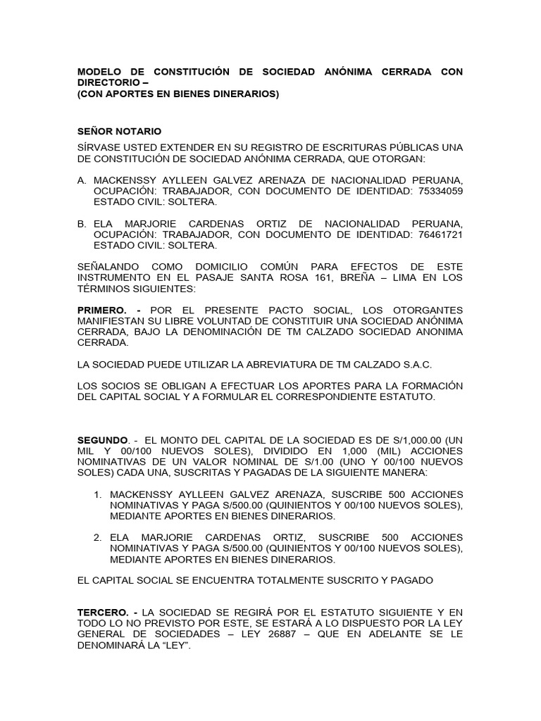 Modelo de Constitución de Sociedad Anónima Cerrada Con Directorio | PDF | Business | Justicia