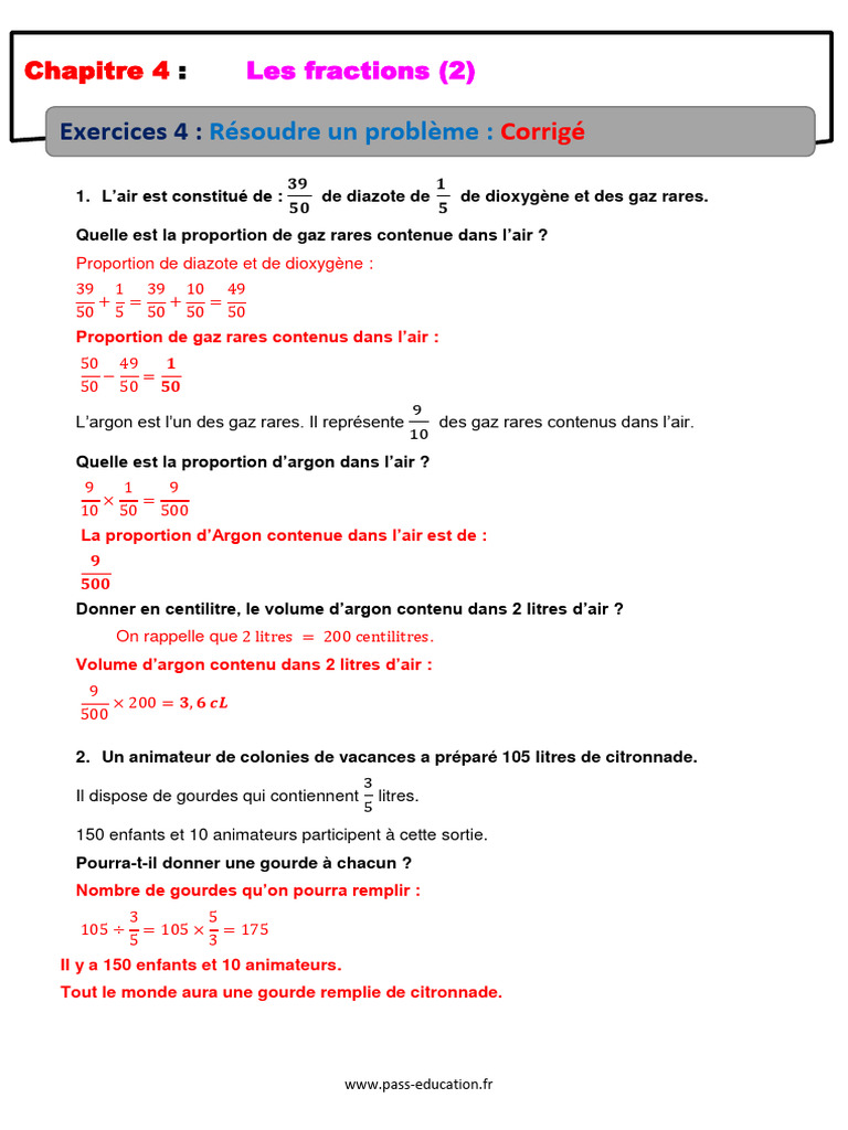 Problèmes de fractions corrigés 4ème | PDF