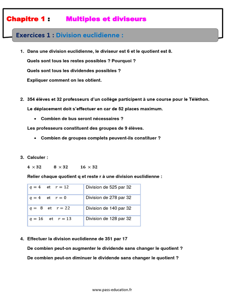 Exercices de division euclidienne 4e | PDF | Méthodes et références ...