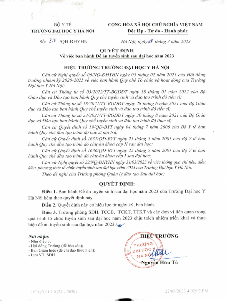2023 - QD - 810 Quyết Định Ban Hành Đề Án Tuyển Sinh SĐH Năm 2023 | PDF