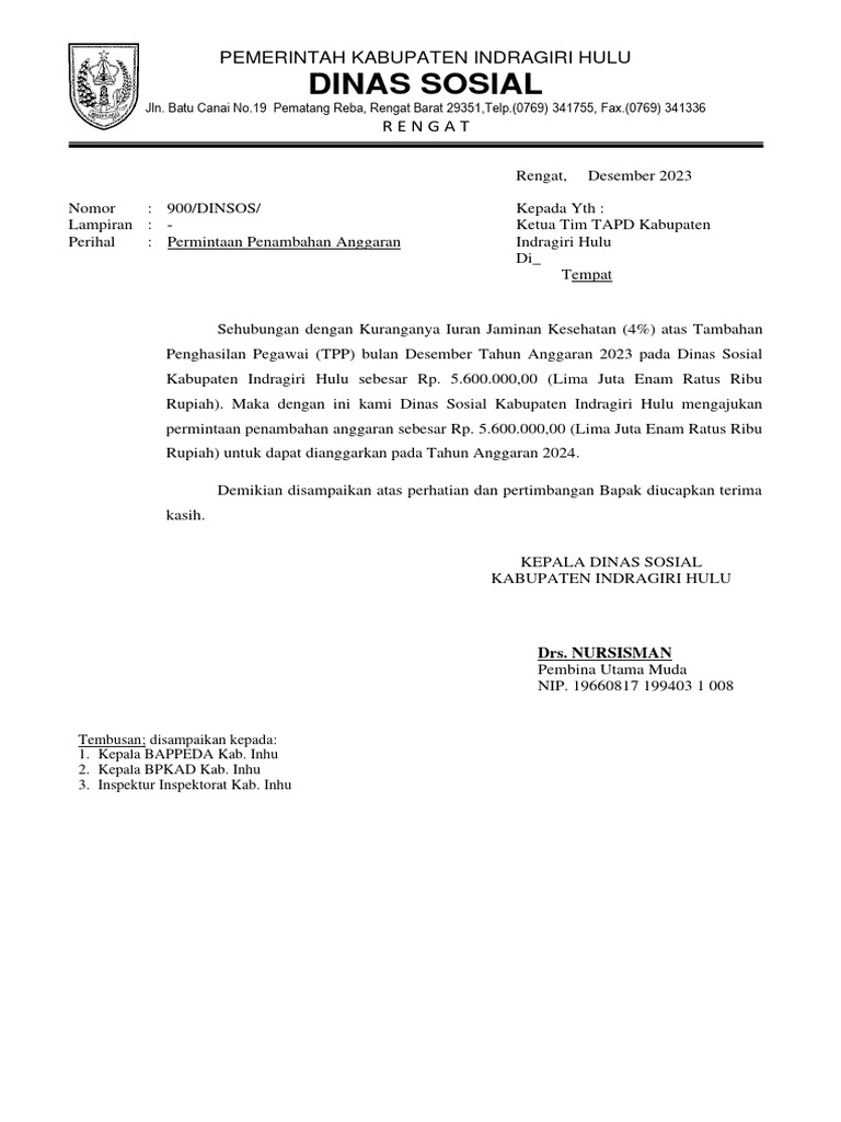 Surat Permohonan Penambahan Anggaran | PDF