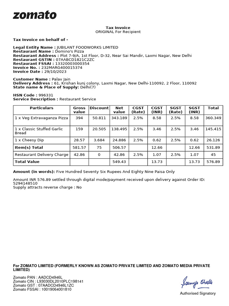 Restaurant Bill Pdf Payments Taxes