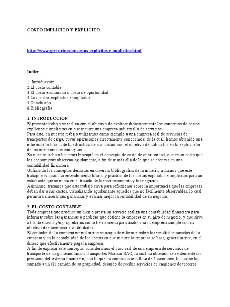 Costo Implicito y Explicito | PDF | Costo de oportunidad | Contabilidad Costo Implicito y Explicito | PDF | Costo de oportunidad | Contabilidad