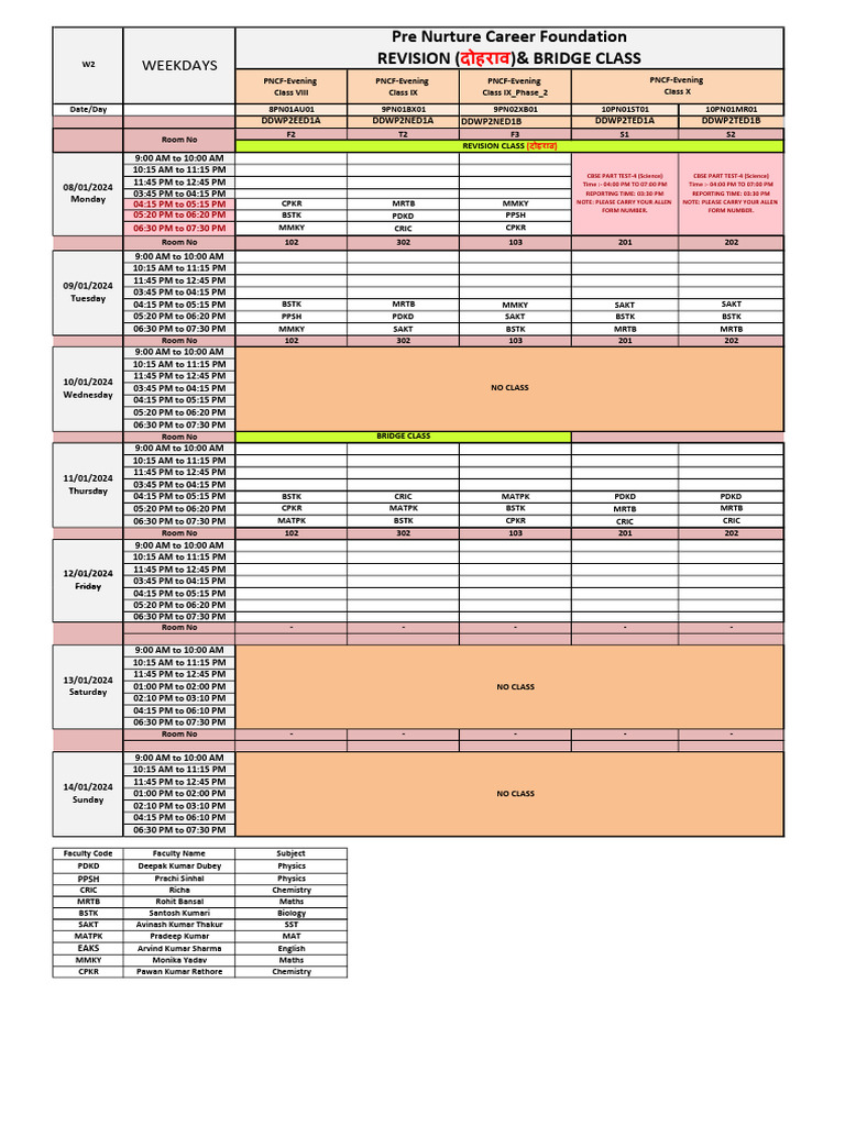 PNCF WEEKDAYS TIME TABLE 08th Jan To 14th Jan 2024 | PDF