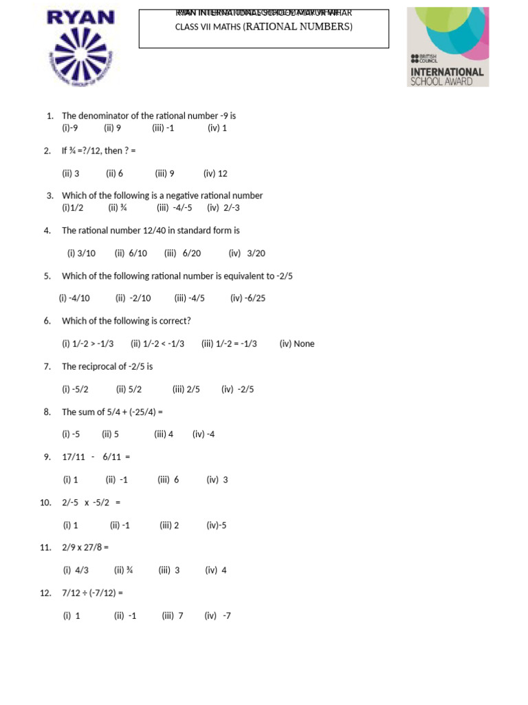Class VII Rational Numbers Quiz | PDF