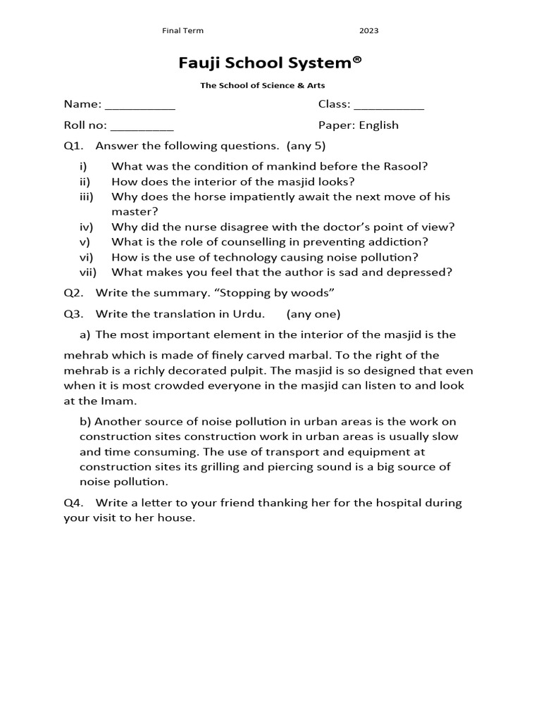 Paper English Class 8 Final Term 2023 | PDF | Computers