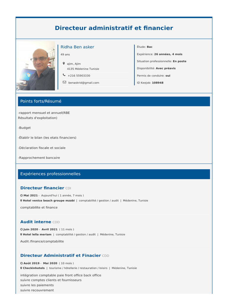 Directeur Financier : Ridha Ben Asker | PDF | Comptabilité | Hôtellerie