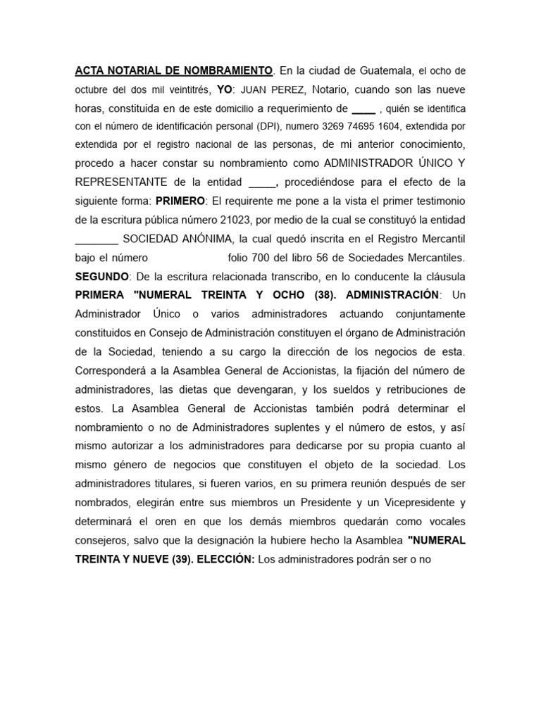 Acta Notarial de Nombramiento | PDF
