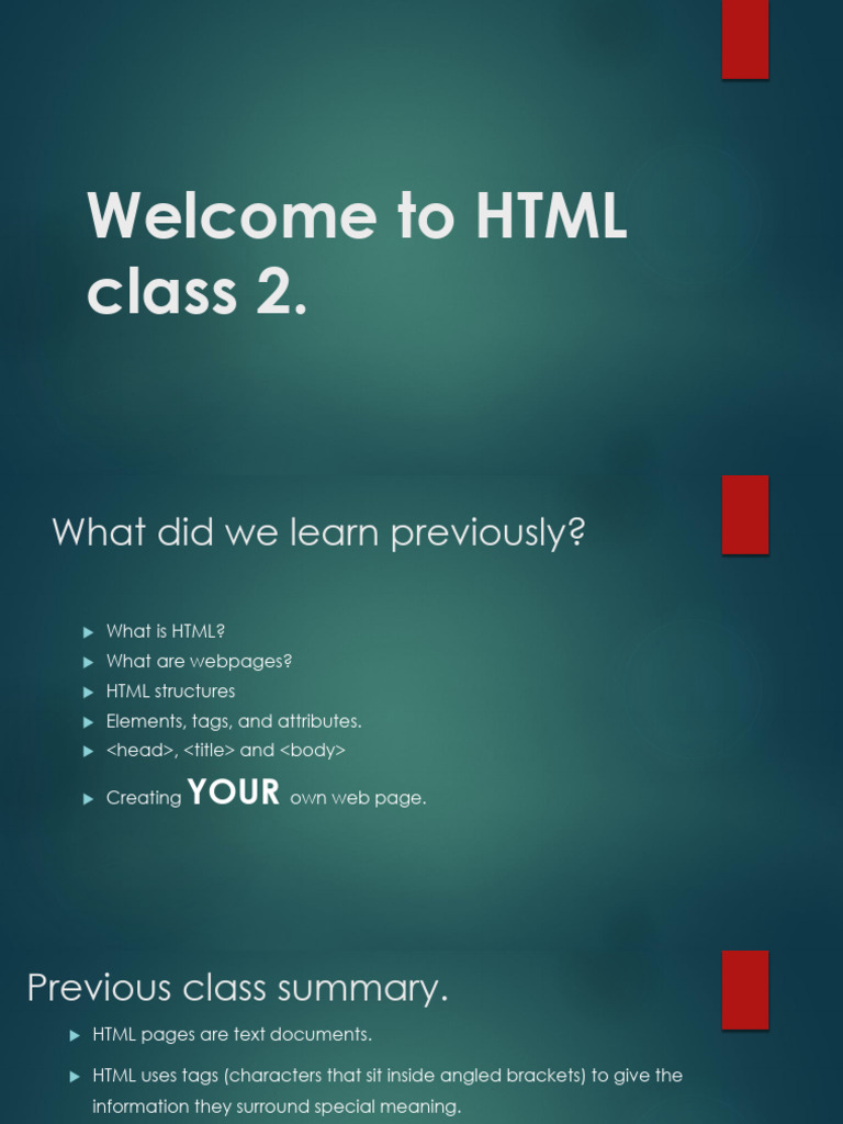 Welcome To HTML Class 2 | PDF | Html Element | Html