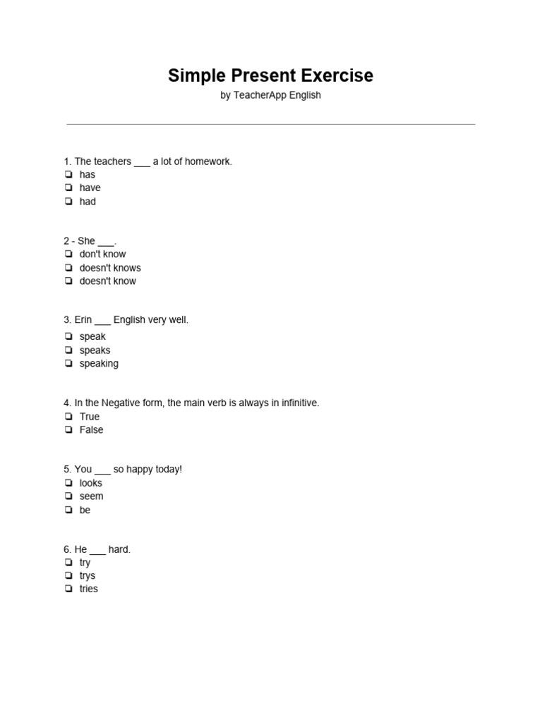 Simple Present Tense Quiz | PDF