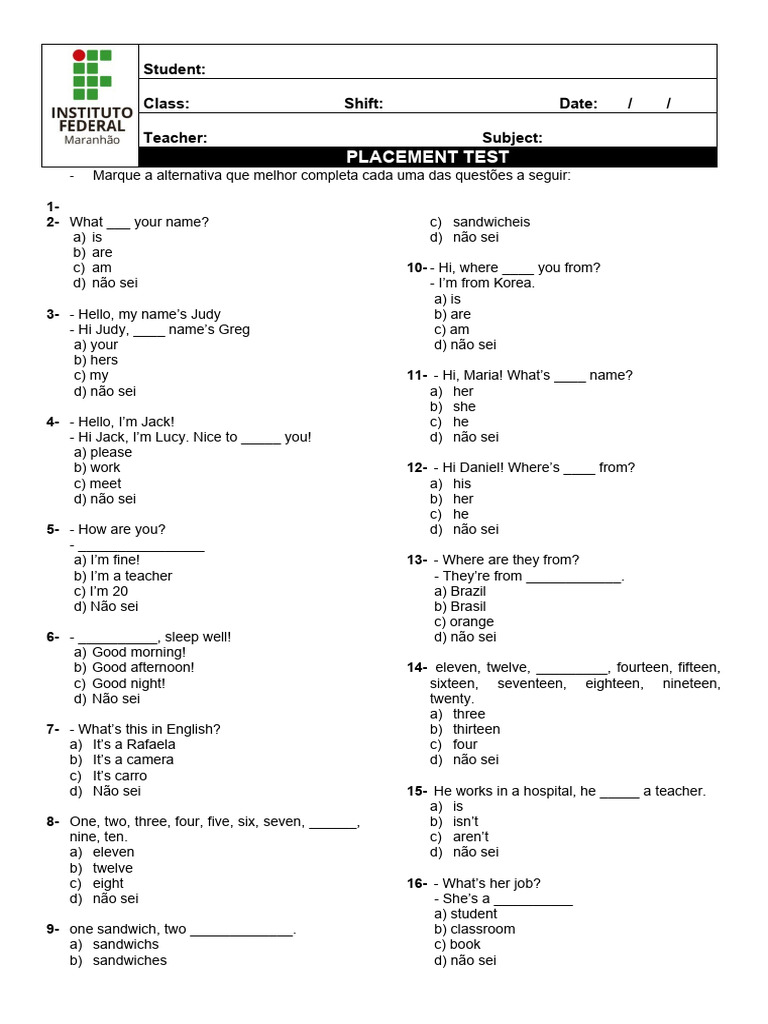 K12 Placement Test Sample Questions | PDF
