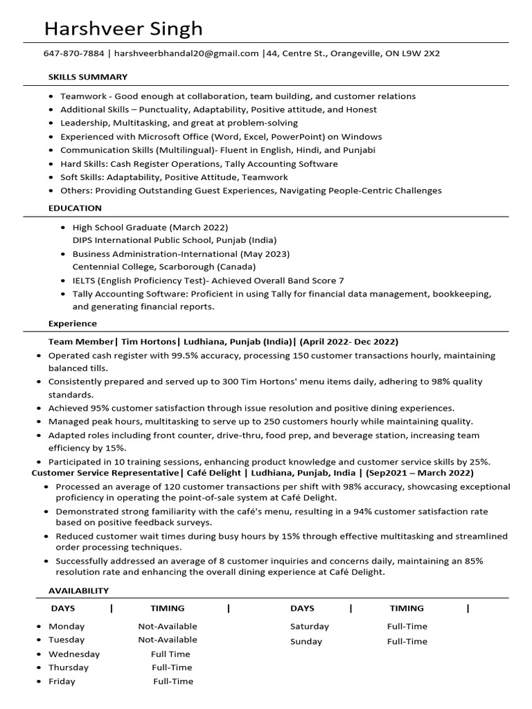 Harshveer Singh Cv Tims Orangeville Pdf Computing Business 