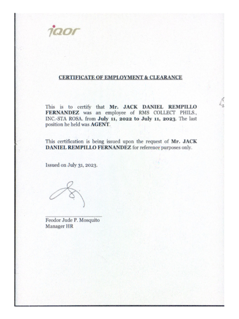 Certificate of Employment-iQor | PDF