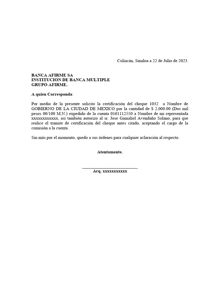 Solicitud De Certificación De Cheques Pdf Derecho