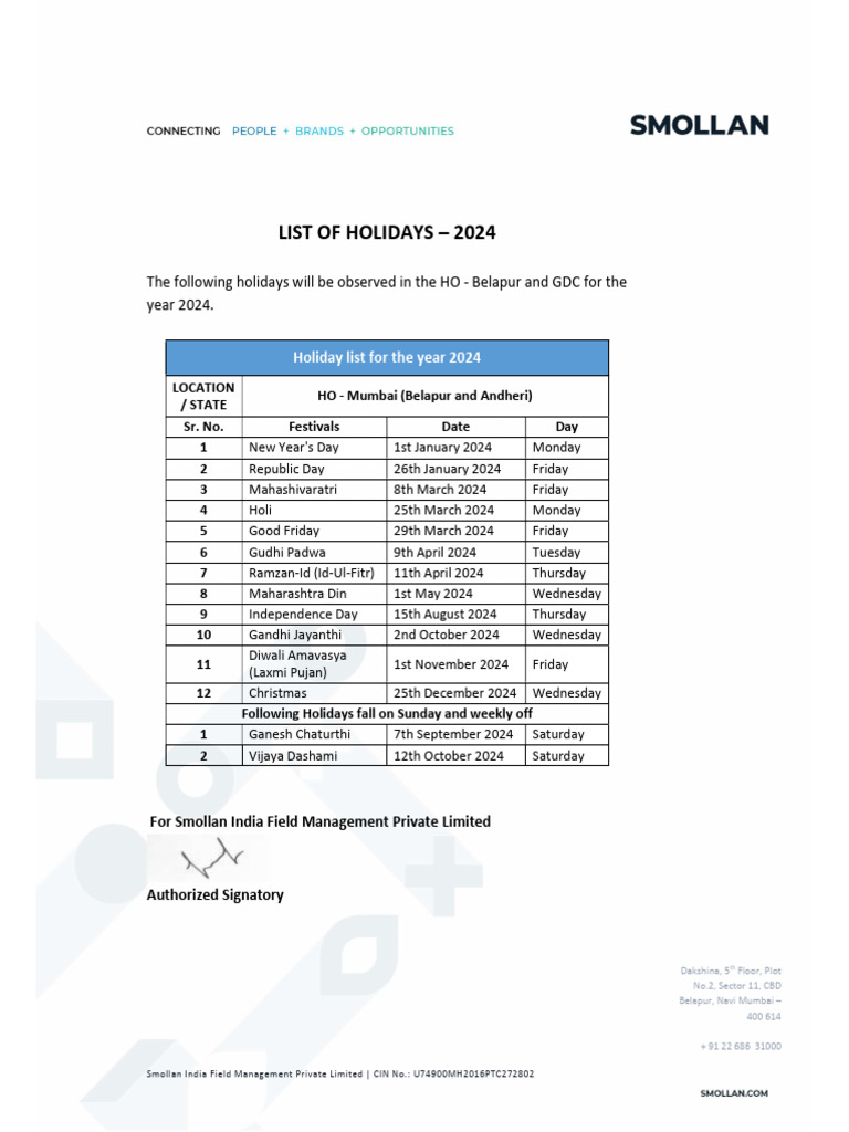Holiday List 2024 SIFMPL | PDF | Worship | Holidays