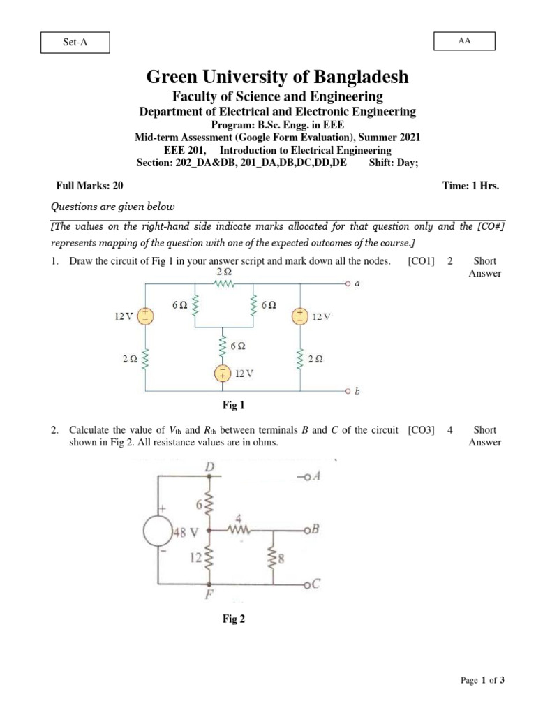 Midterm CSE EEE201 AA | PDF | Electrical Network | Electrical Resistance And Conductance