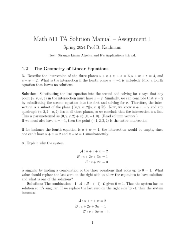 Linear Algebra Solutions Manual | PDF | Equations | Matrix (Mathematics)