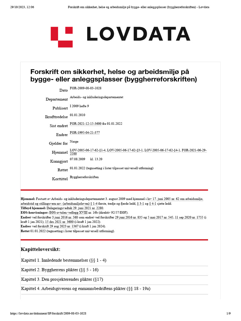 Forskrift Om Sikkerhet, Helse Og Arbeidsmiljø På Bygge - Eller Anleggsplasser ...