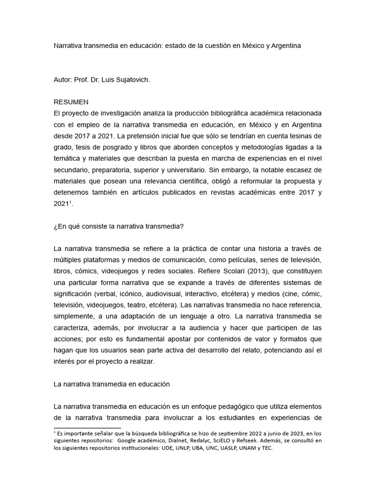 Narrativa transmedia en educación en México y Argentina | PDF