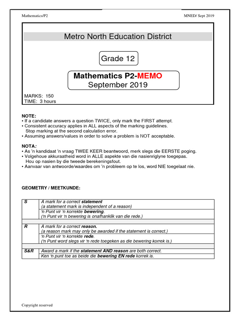 2019 Grade 12 Math Trial Exam Paper 2 WC MN Memo | PDF | Mathematics ...