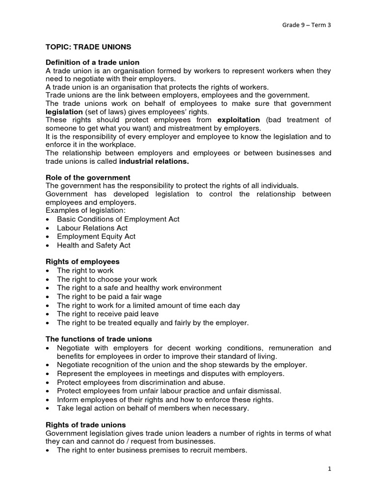 Topic 3 Term 3 2020 Grade 9 Trade Unions | PDF | Business