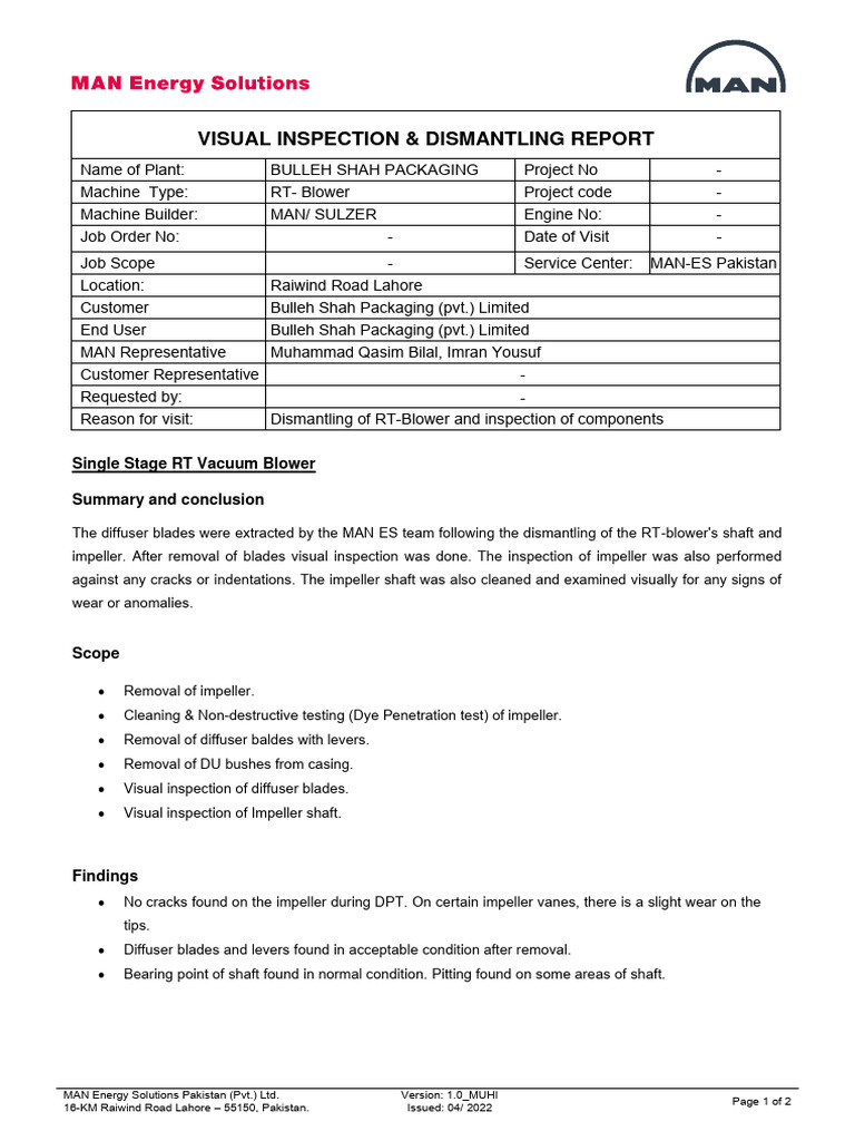 RT Vacuum Blower Inspection Report | PDF | Technology & Engineering