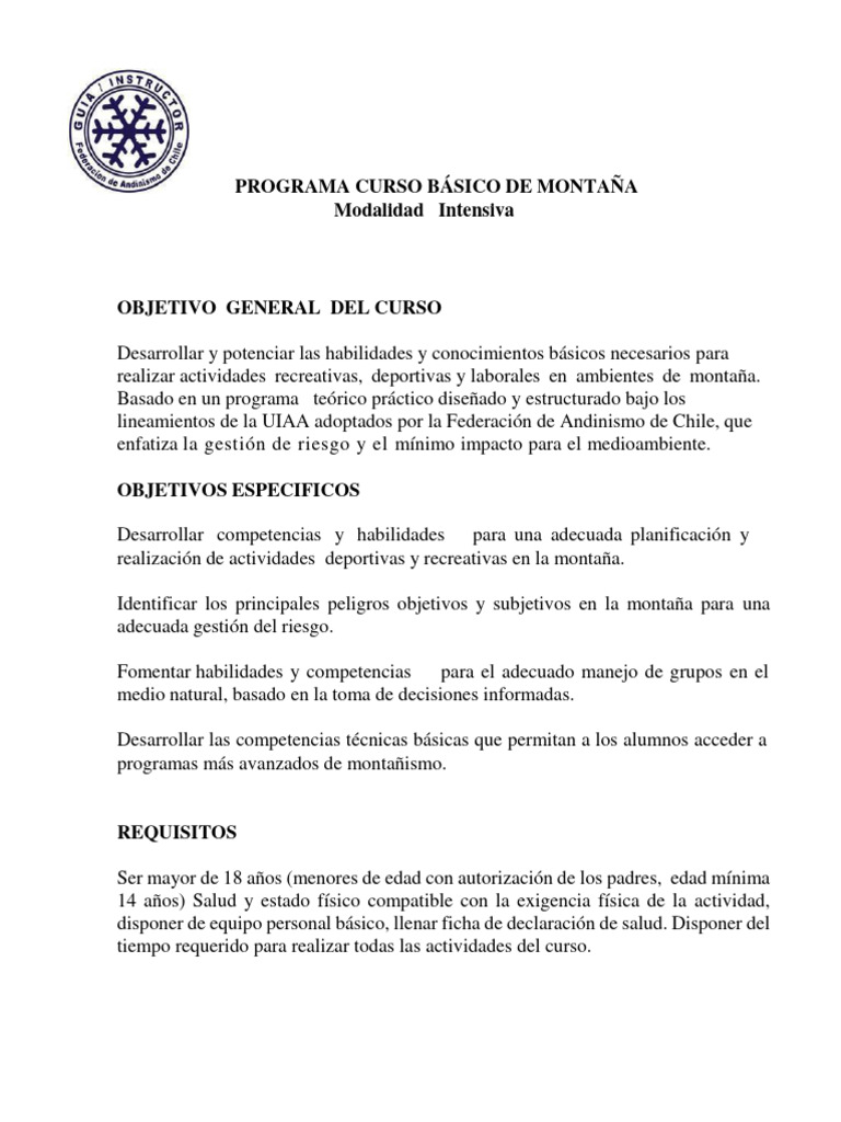 Programa Curso Básico de Montaña, Modalidad Intensiva 2022 Modificado | PDF