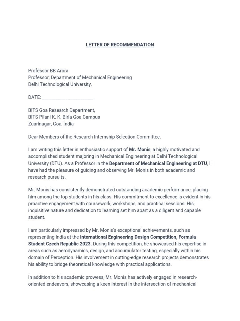 Letter of Recommendation | PDF | Engineering | Behavior Modification