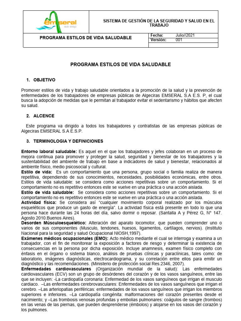 PROGRAMA ESTILO DE VIDA SALUDABLE | PDF | Trombo | Medicina CLINICA