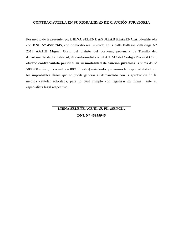 Contracautela: Modelo de Caución Juratoria | PDF | Ciencias sociales ...