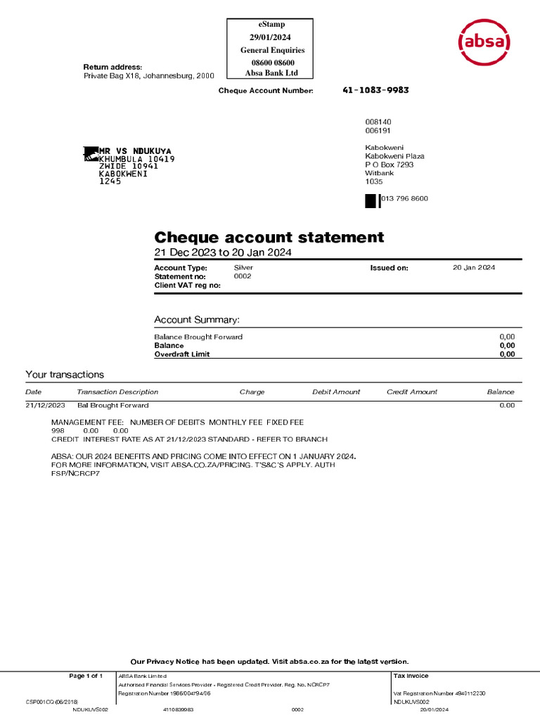 ABSA Cheque Account Statement Summary | PDF | Transaction Account ...