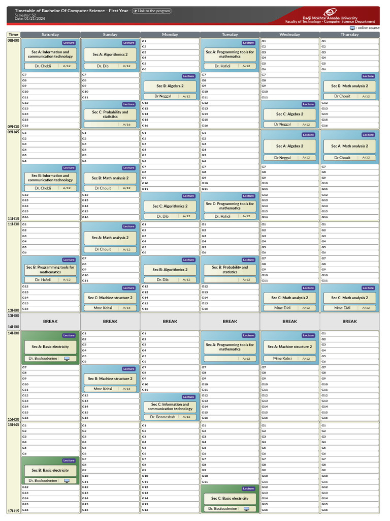 Saturday Sunday Monday Tuesday Wednsday Thursday: Timetable of Bachelor ...