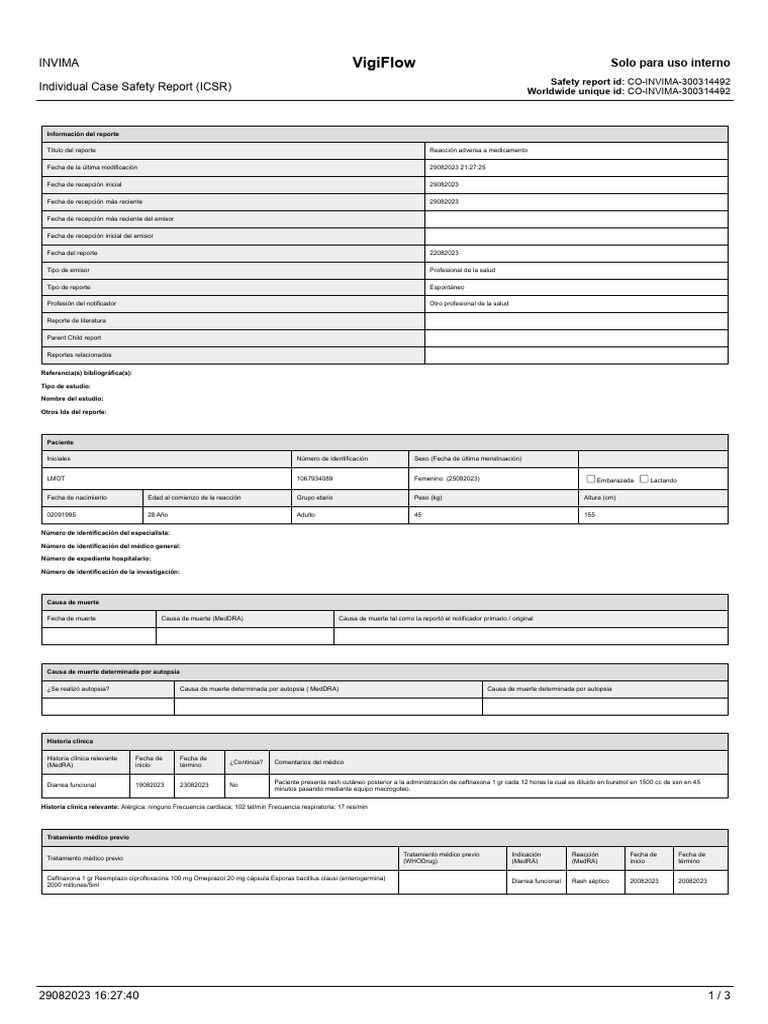 VigiFlow CO-INVIMA-300314492 29082023 162740 | PDF | Medicamentos con receta | Medicina CLINICA