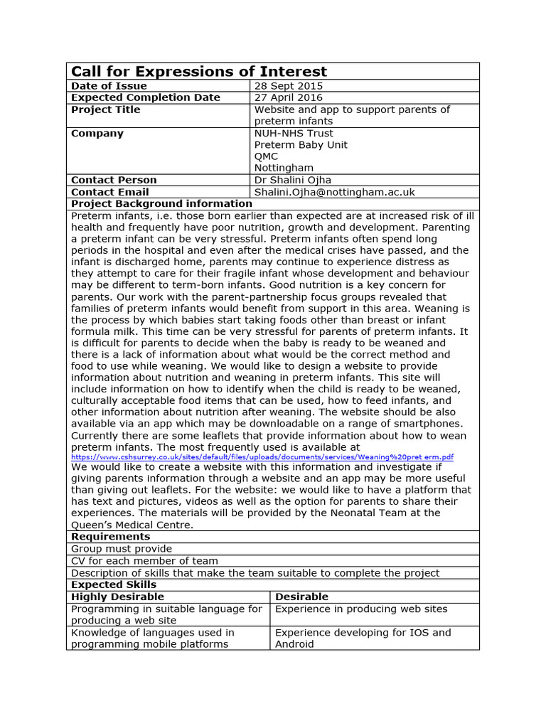 Example Project Call | PDF | Preterm Birth | Weaning