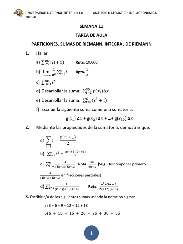 Semana 11 Tarea de Aula | PDF | Matemáticas | Análisis matemático
